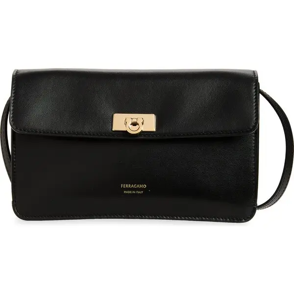 FERRAGAMO Harley Gancini Lock Calfskin Leather Shoulder Bag - Nero
