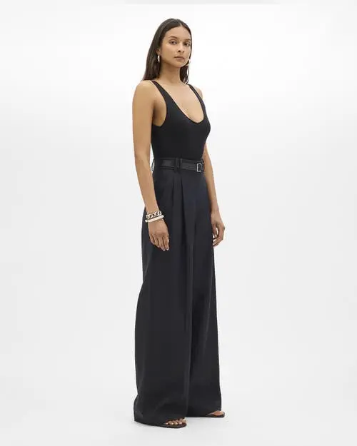 Another Tomorrow Linen Pleated Wide Leg Trousers - Black