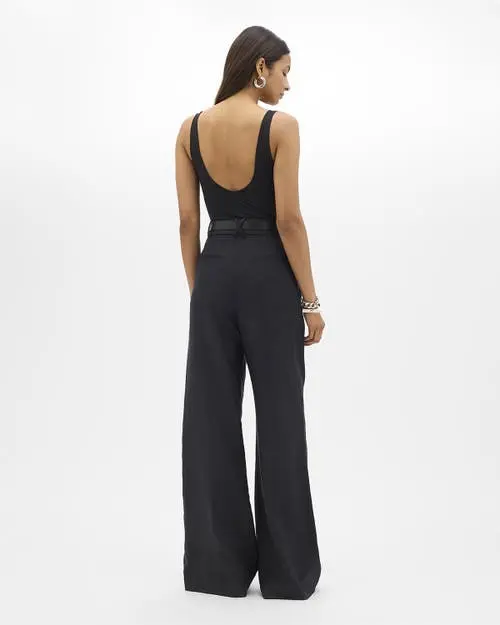 Another Tomorrow Linen Pleated Wide Leg Trousers - Black