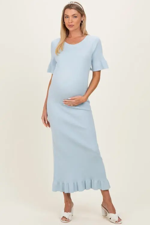 PINKBLUSH Ribbed Knit Bow Back Midi Dress With Ruffle Accents - Light Blue