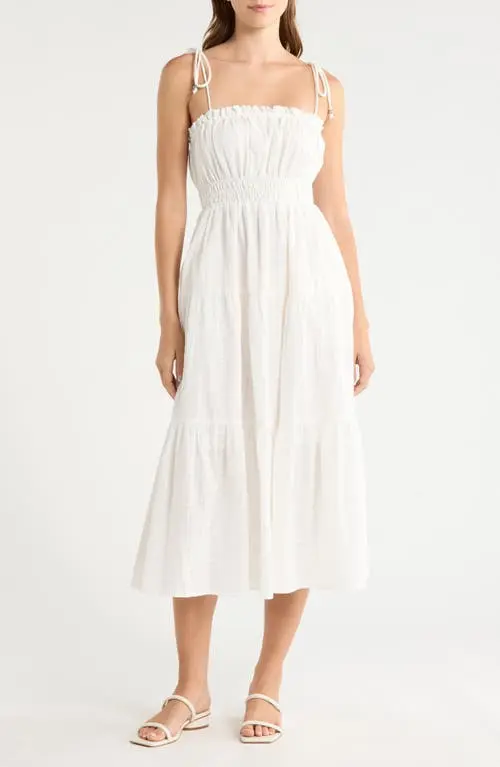 Elan Ruffle Shirred Tie Strap Tiered Cotton Seersucker Cover-up Sundress - White
