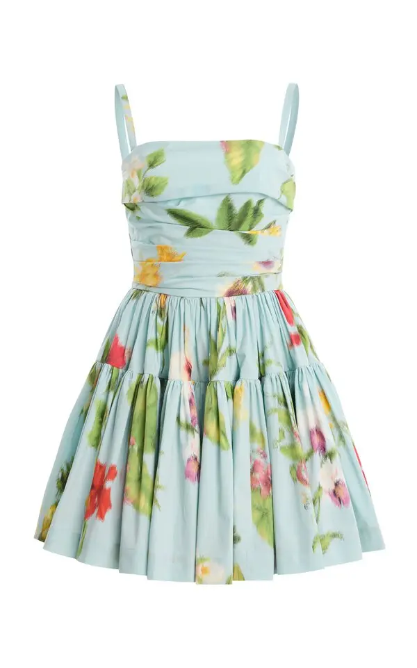 Oscar De La Renta Floral Stretch Cotton-poplin Mini Dress - Light Blue
