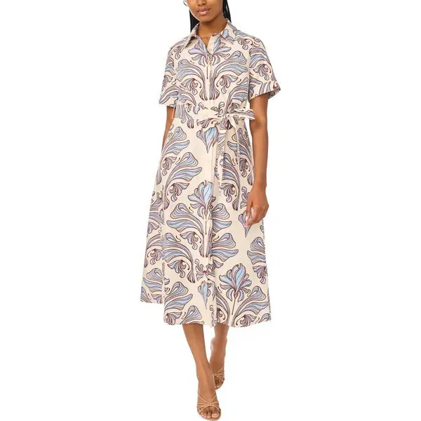 Halogen Printed Belted Midi Shirtdress - Blue Multi