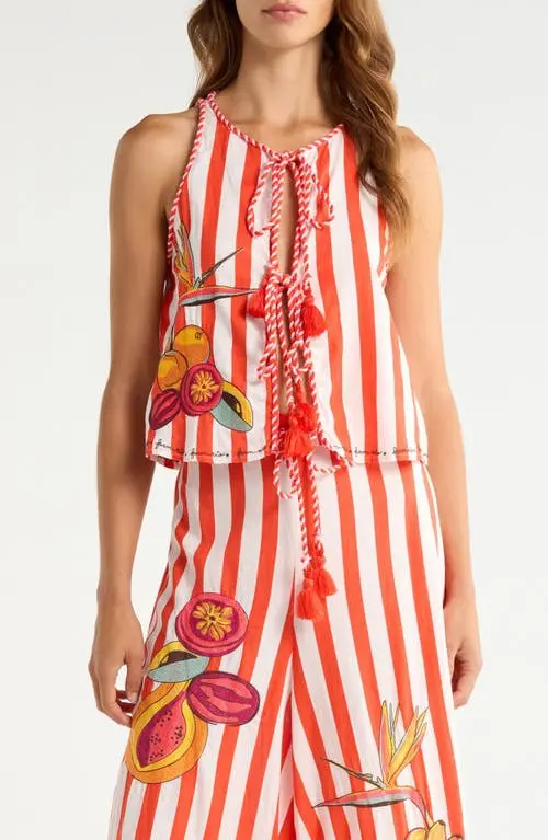 Farm Rio Stripe Fruit Embroide Tie Front Cover-up Top - Red