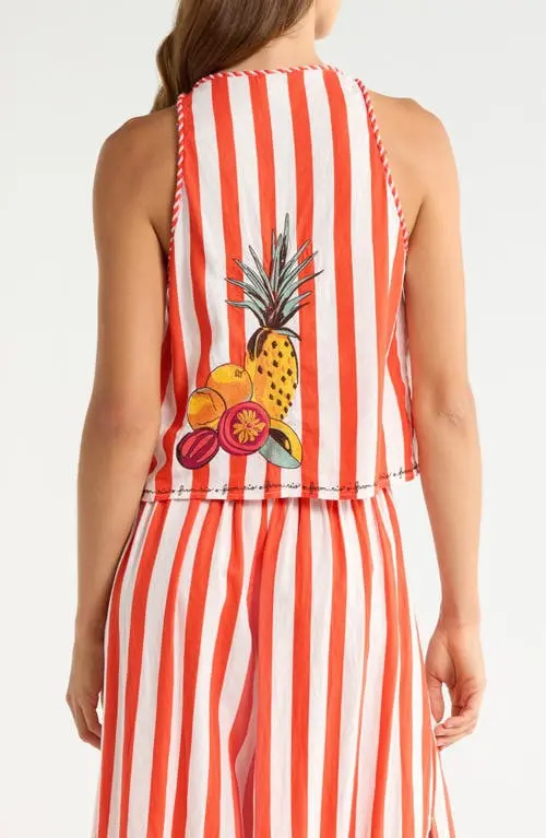 Farm Rio Striped Fruit Embroidered Tie-front Cover-up Top