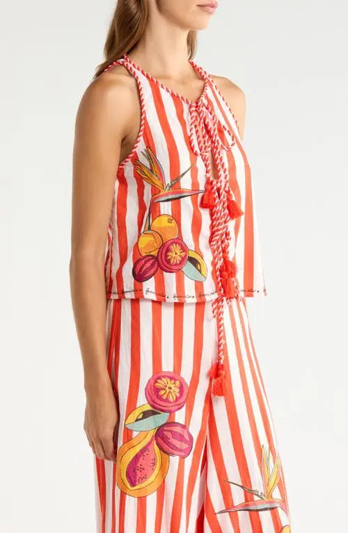 Farm Rio Striped Fruit Embroidered Tie-front Cover-up Top