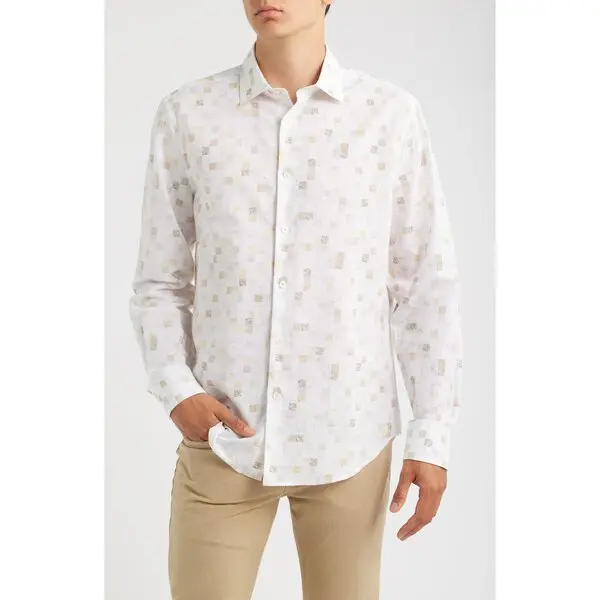 Bugatchi Axel Trim Fit Geometric Print Cotton & Linen Button-up Shirt - Desert