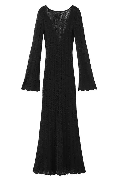 Mango Lace-up Open Back Sheer Pointelle Maxi Dress