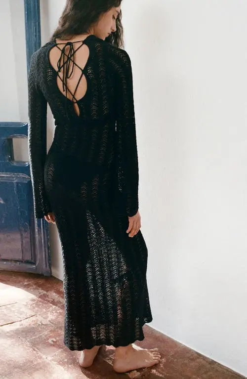Mango Lace-up Open Back Sheer Pointelle Maxi Dress
