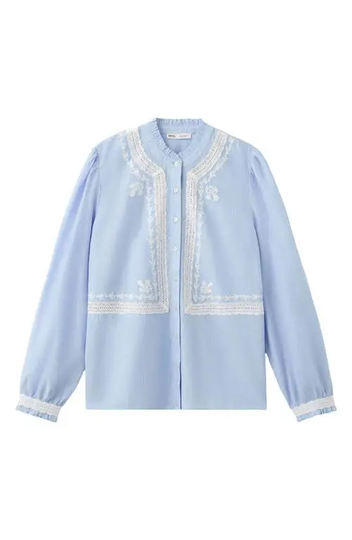 Mango Embroidered Lace Trim Button-up Shirt