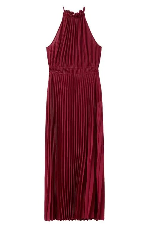 Mango Pleated Halter Neck Midi Dress - Cherry
