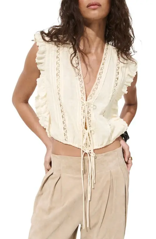 Mango Tie Front Ruffled Lace Trim Top - Ecru