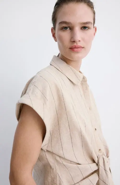 Mango Pinstripe Tie Waist Linen & Cotton Shirt