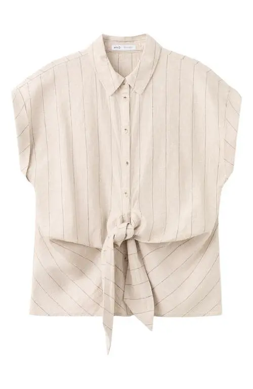 Mango Pinstripe Tie Waist Linen & Cotton Shirt