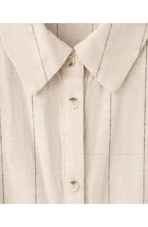 Mango Pinstripe Tie Waist Linen & Cotton Shirt