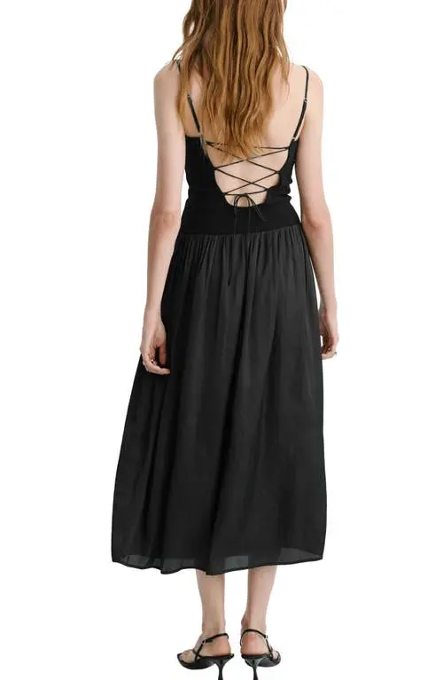 Mango Lace-up Back Drop Waist Mixed Media Dress