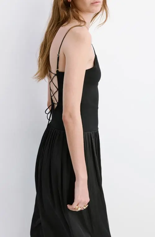 Mango Lace-up Back Drop Waist Mixed Media Dress