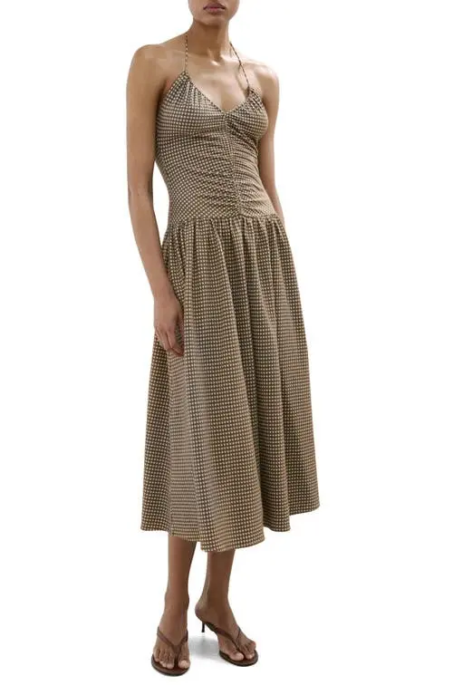 Mango Ruched Halter Neck Gingham Checks Midi Dress - Khaki