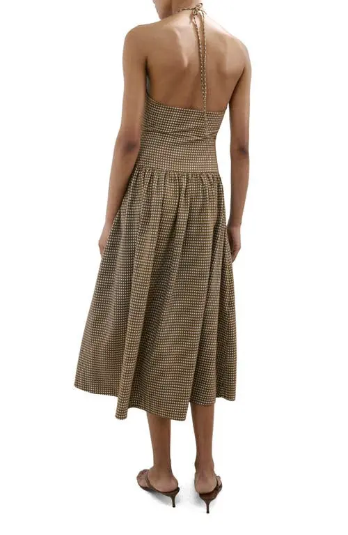 Mango Ruched Halter Neck Gingham Checks Midi Dress