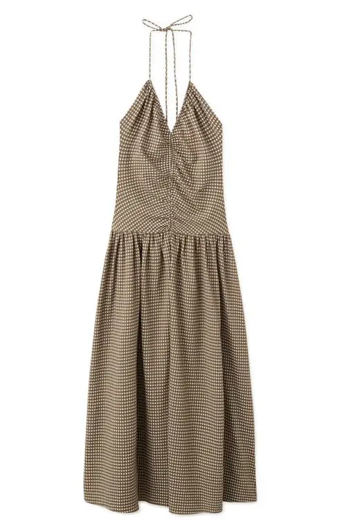 Mango Ruched Halter Neck Gingham Checks Midi Dress