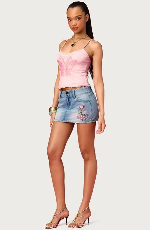 EDIKTED Floral Embroidered Denim Miniskirt