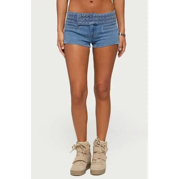 EDIKTED Odetta Studded Low Rise Denim Shorts - Light-blue