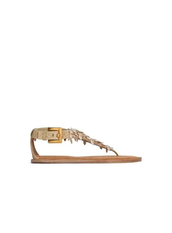 Balmain Flat Sandals In Suede, Cotton And Beads