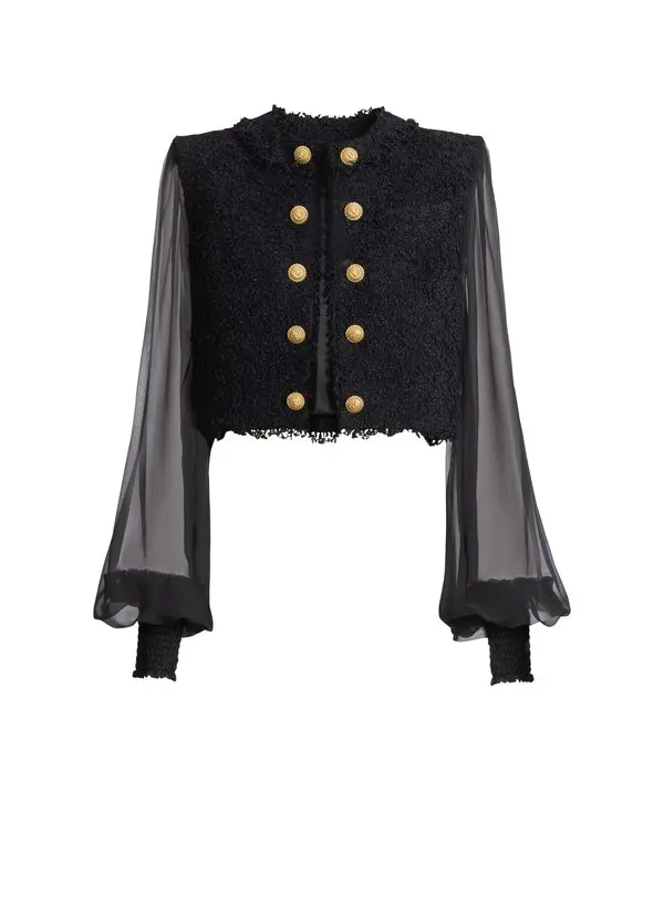 Balmain Cropped Tweed And Muslin Jacket - Black