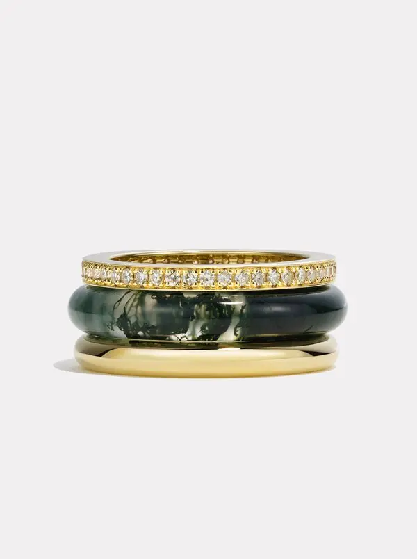 BY PARIAH Slim Classic Ring Stack Moss Agate | White Diamond - Green