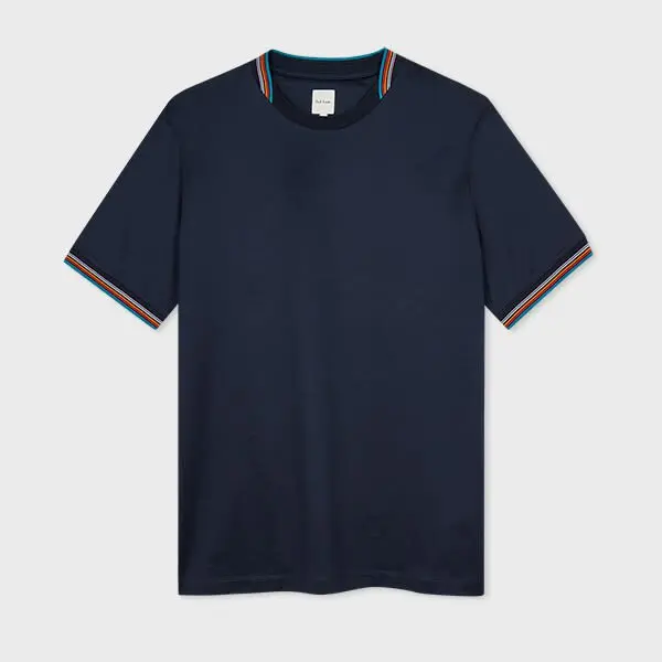 Paul Smith Navy Mercerised Cotton 'signature Stripe' Trim T-shirt - Blue