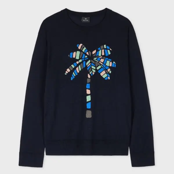 Paul Smith Navy Merino Wool 'palm Tree' Sweater