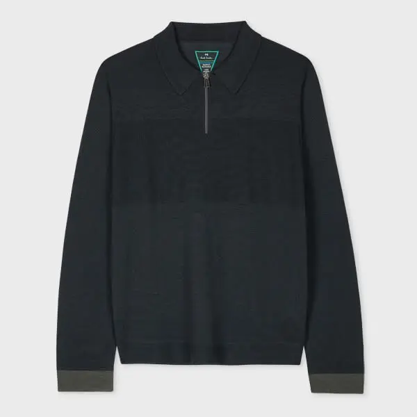 Paul Smith Charcoal Washable Merino Knitted Zip Polo Shirt - Black