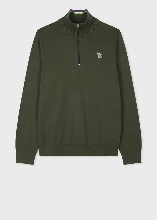Paul Smith Khaki Organic Cotton Half Zip Sweater With Zebra Logo