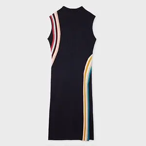 Paul Smith Navy Wool Blend 'swirl Stripe' Ribbed Midi Dress