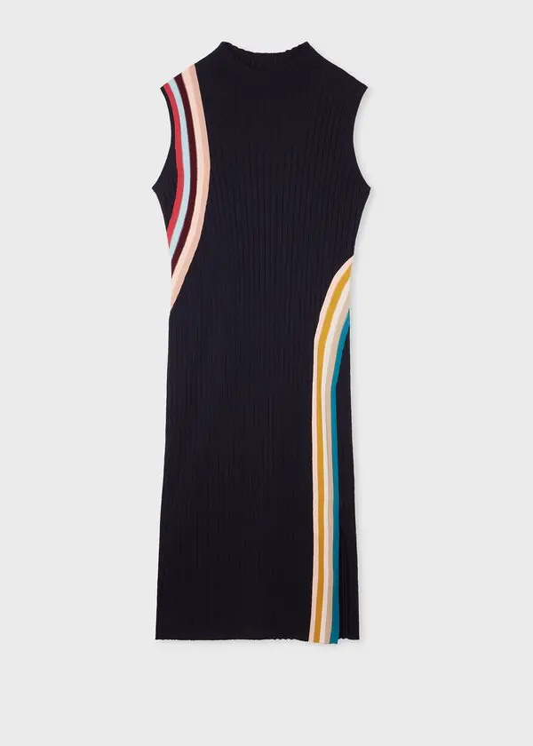 Paul Smith Navy Wool Blend 'swirl Stripe' Ribbed Midi Dress