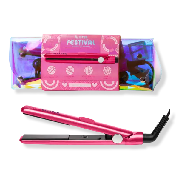 GLISTER Festival Mini Tourmaline Flat Iron With Holographic Bandolier Bag Pink - One-color
