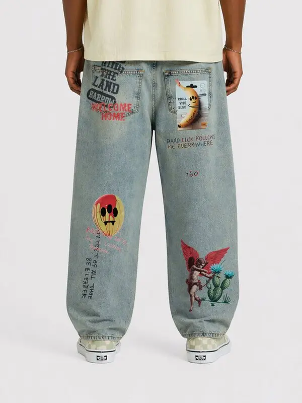 BARROW Light Blue Cotton Denim Wideleg Jeans With Graphic Print