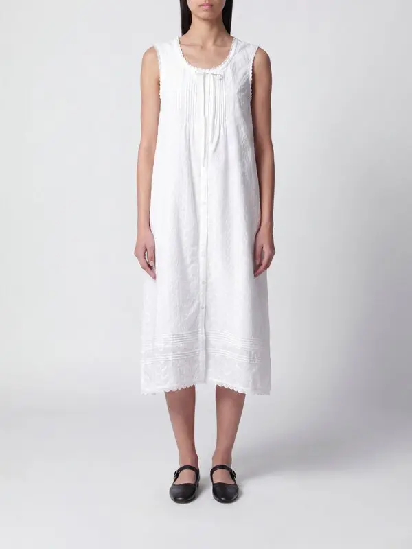 DUNST Off-the-shoulder Midi Slip Dress In Cotton With Lace Inserts