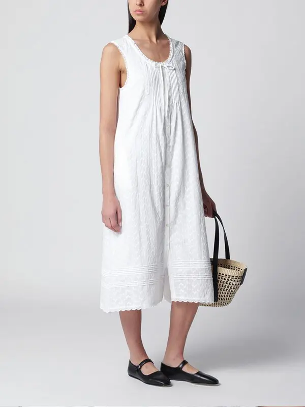 DUNST Off-the-shoulder Midi Slip Dress In Cotton With Lace Inserts