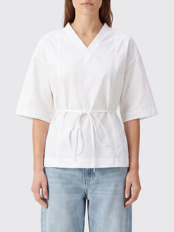 Calvin Klein V-neck Cotton Poplin Wrap Shirt - White