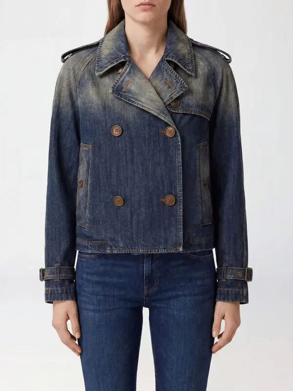 Burberry Double-breasted Short Denim Trench Coat - Blue