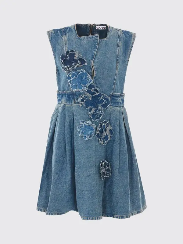GANNI A-line Mini Dress In Recycled Denim With Floral Appliqu