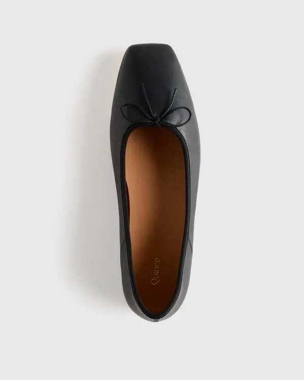 Quince Italian Leather Square Toe Ballet Flats With Bow Detailing - Black