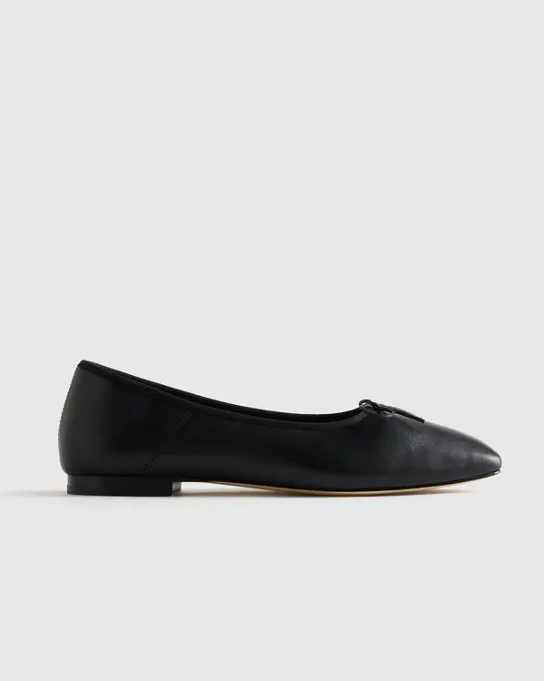 Quince Italian Leather Ballet Flat With Square Toe And Bow Detailing - Black