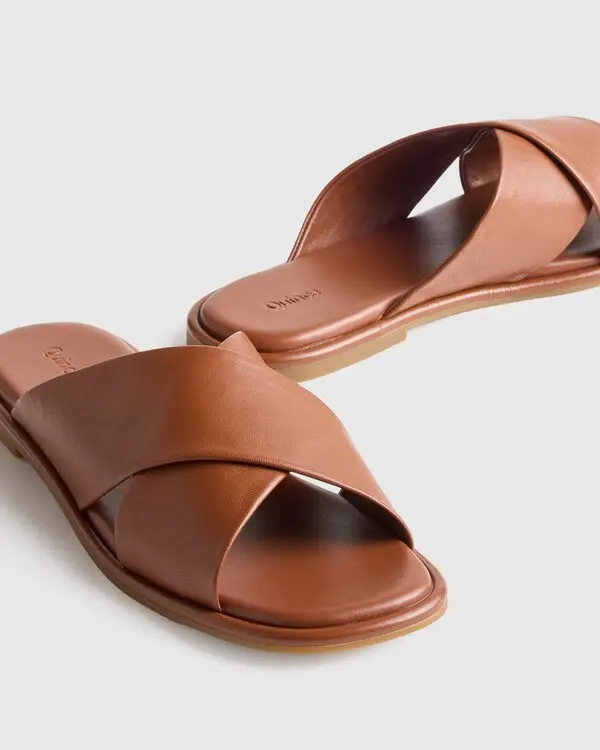 Quince Italian Leather Crossover Slide - Cognac