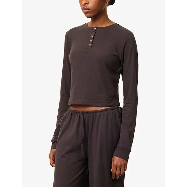 ADANOLA Slub Long-sleeve Button-up Cotton Top