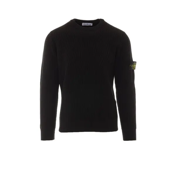 Stone Island Logo Detail Long Sleeve Crew Neck Sweater - Black