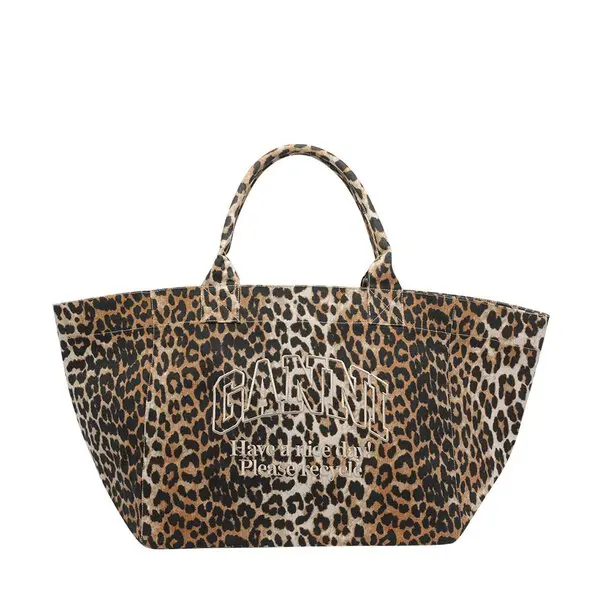 GANNI Xxl Leopard Print Embroidered Logo Tote Bag - Brown