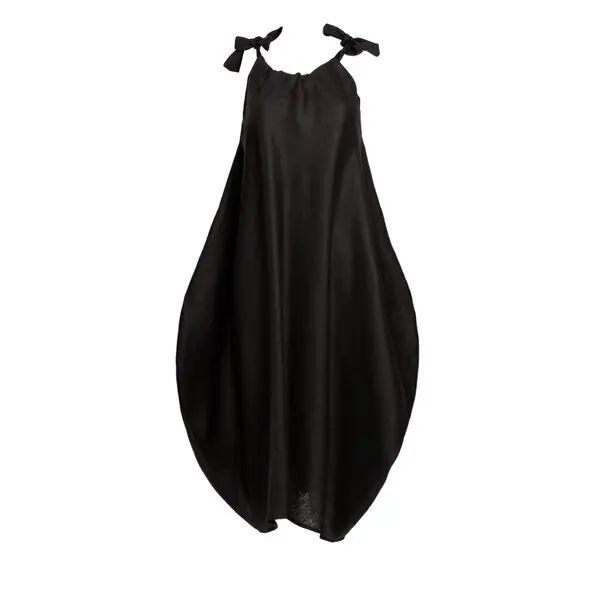 BIANCA POPP Semiballoon Dress With Ribbons In Linen - Black