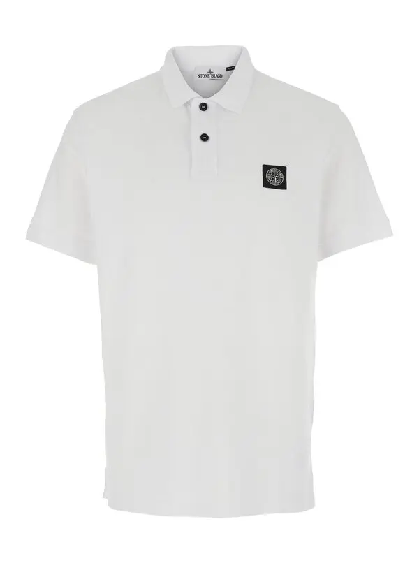 Stone Island White Polo With Classic Collar And Patch Logo On The Front In Stretch Cotton - Multicolor